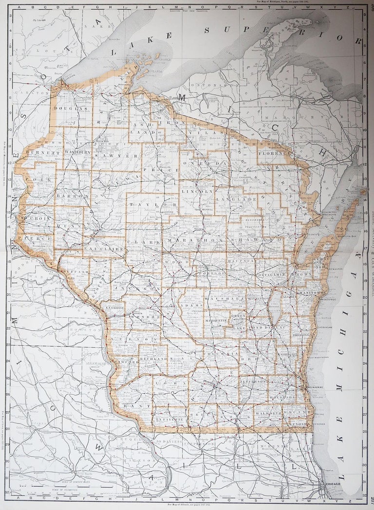 Large Original Antique Map of Wisconsin, USA, 1894 For Sale at 1stDibs