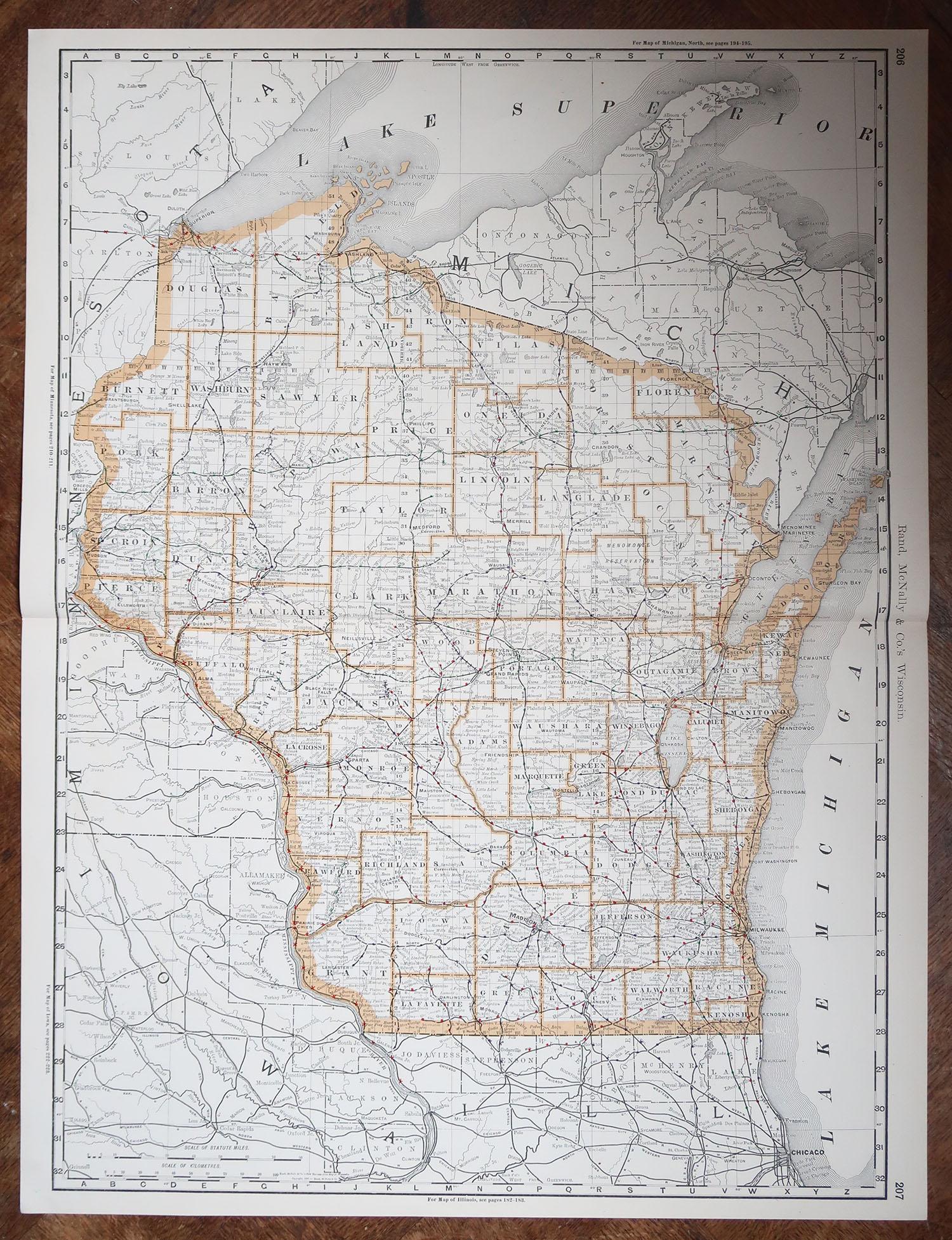 Large Original Antique Map of Wisconsin, USA, 1894 For Sale at 1stDibs ...