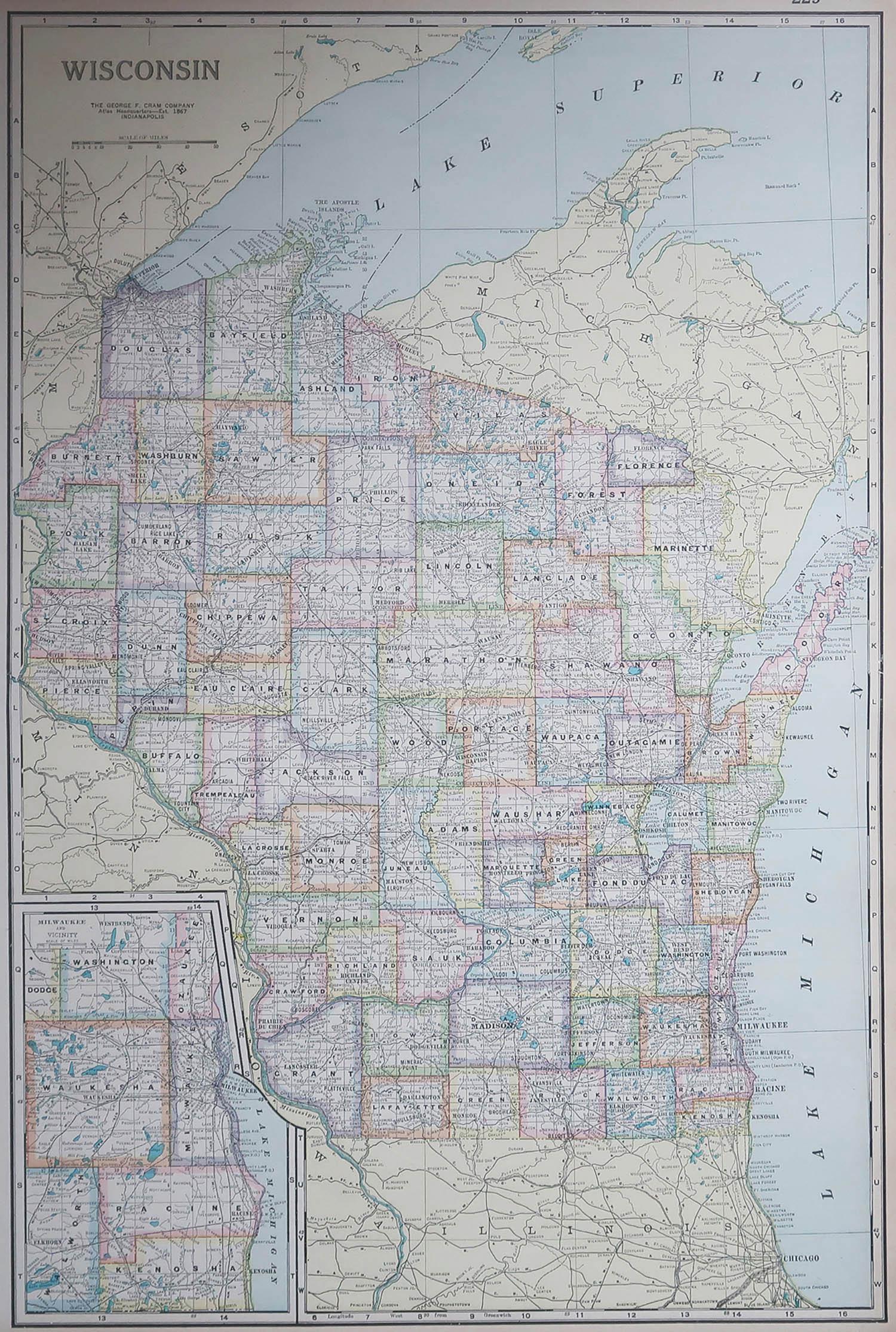 Large Original Antique Map of Wisconsin, USA, circa 1900 For Sale at ...