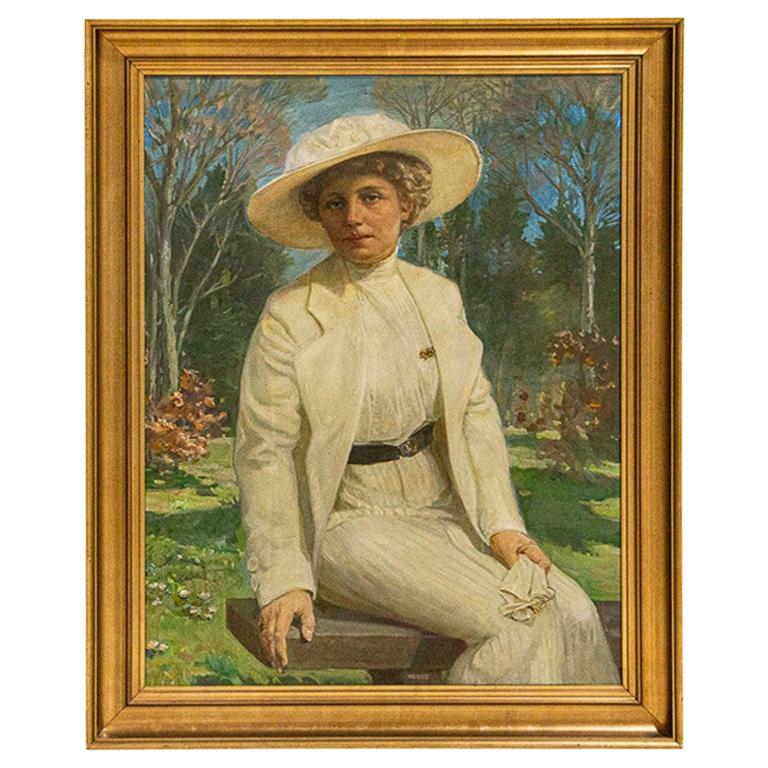 Large Original Oil on Canvas Portrait of Lady Sitting on Park Bench ...