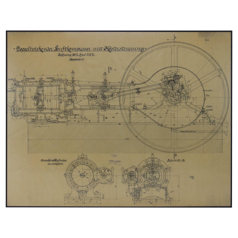 Large Original Technical Drawing of Air Compressor, 1925 For Sale at ...