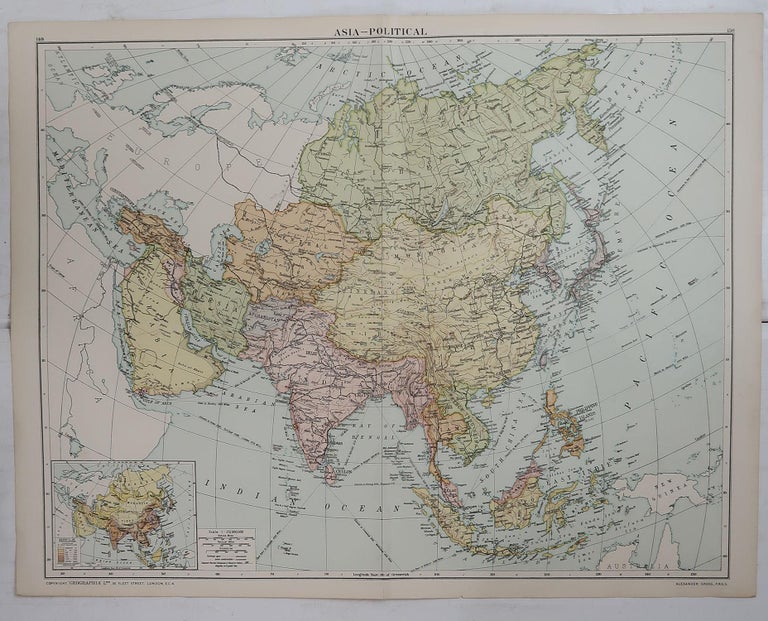 Large Original Vintage Map of Asia, circa 1920 For Sale at 1stDibs
