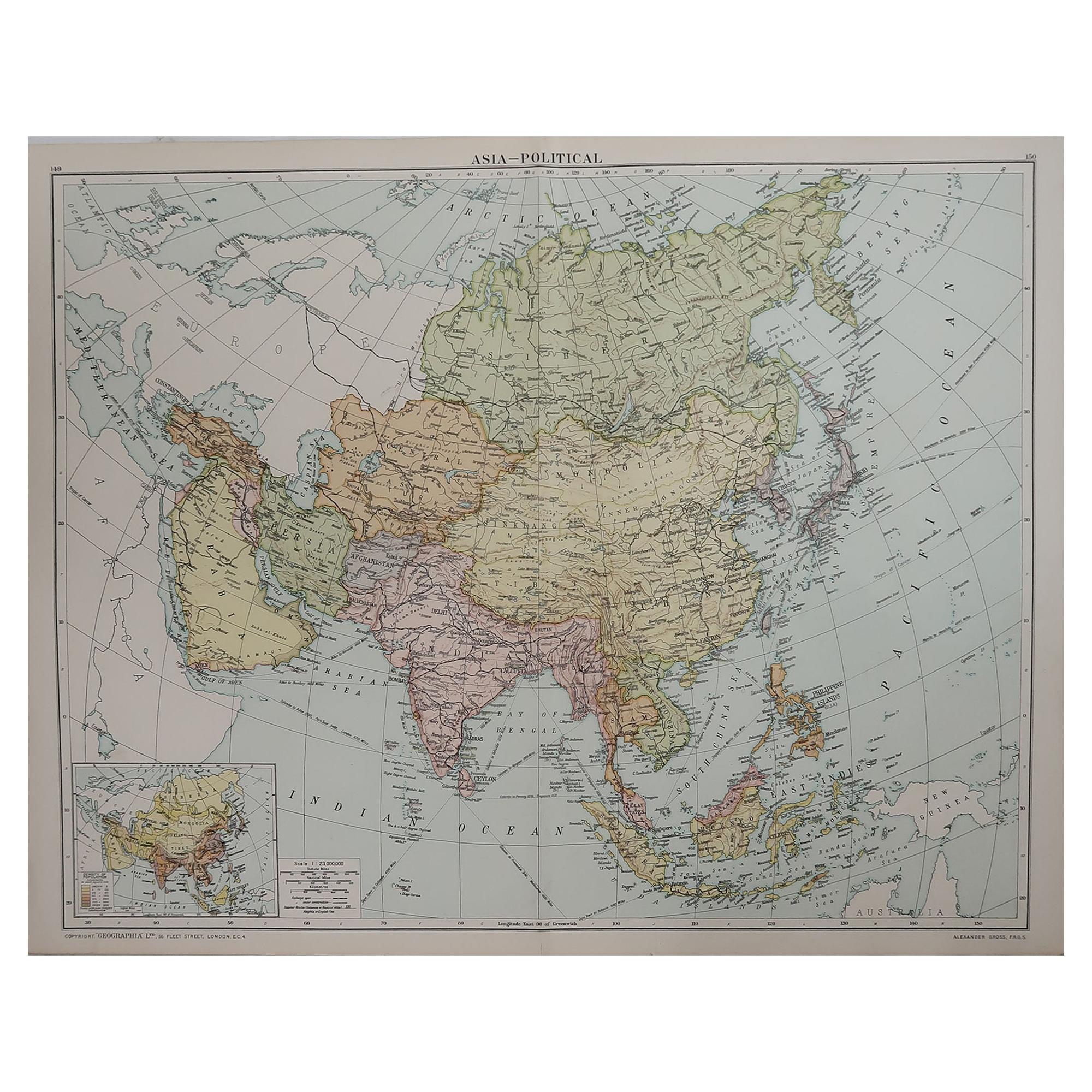 Large Original Vintage Map of Asia, circa 1920 For Sale at 1stDibs