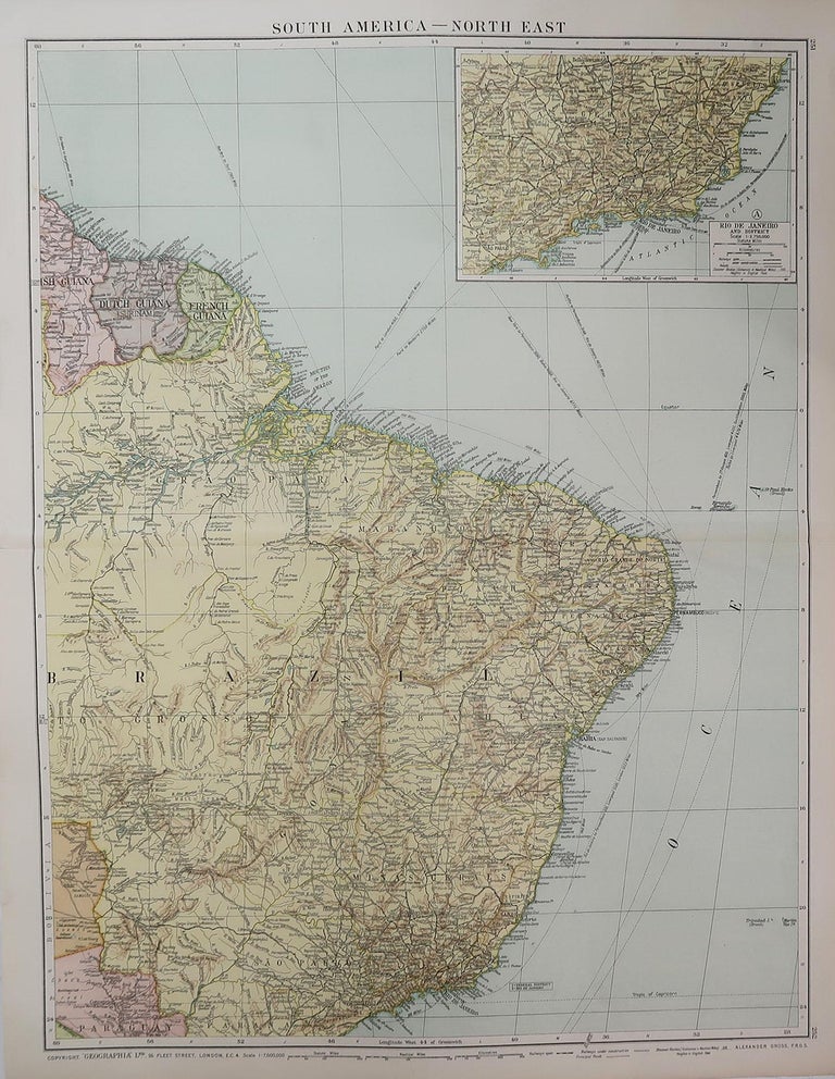 Large Original Vintage Map of Brazil, circa 1920 For Sale at 1stDibs