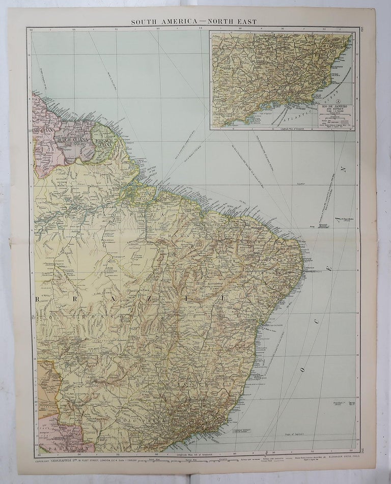 Large Original Vintage Map of Brazil, circa 1920 For Sale at 1stDibs