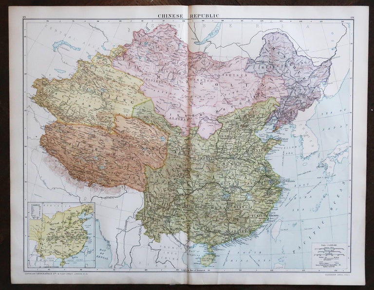 Large Original Vintage Map of China, circa 1920 For Sale at 1stDibs