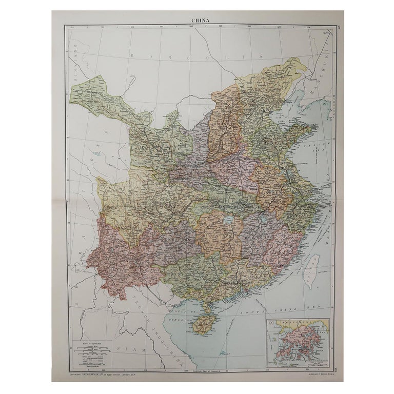Large Original Vintage Map of China, circa 1920 For Sale at 1stDibs