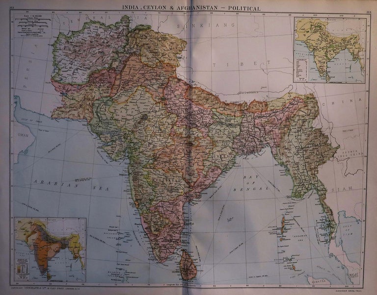 Large Original Vintage Map of India, circa 1920 For Sale at 1stDibs