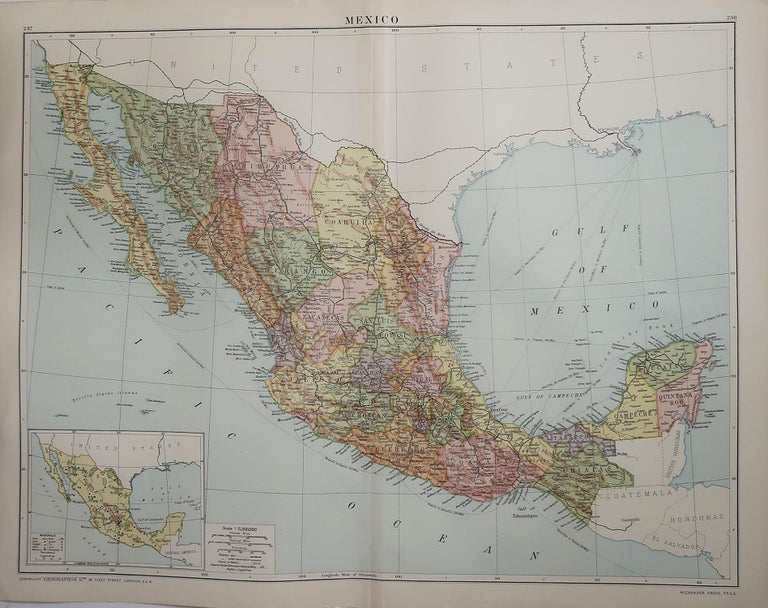 Large Original Vintage Map of Mexico, circa 1920 For Sale at 1stDibs