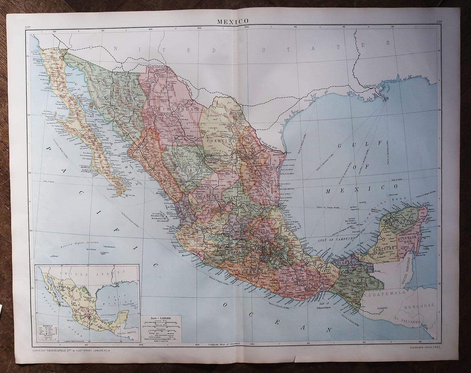 Large Original Vintage Map of Mexico, circa 1920 For Sale at 1stDibs ...