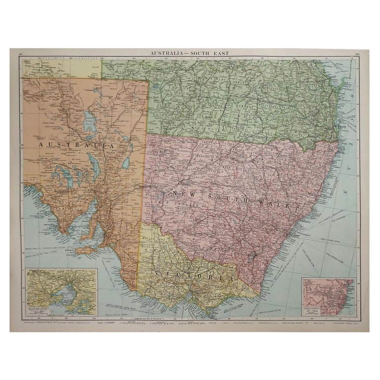 Large Original Vintage Map of New South Wales, Australia, circa 1920 ...
