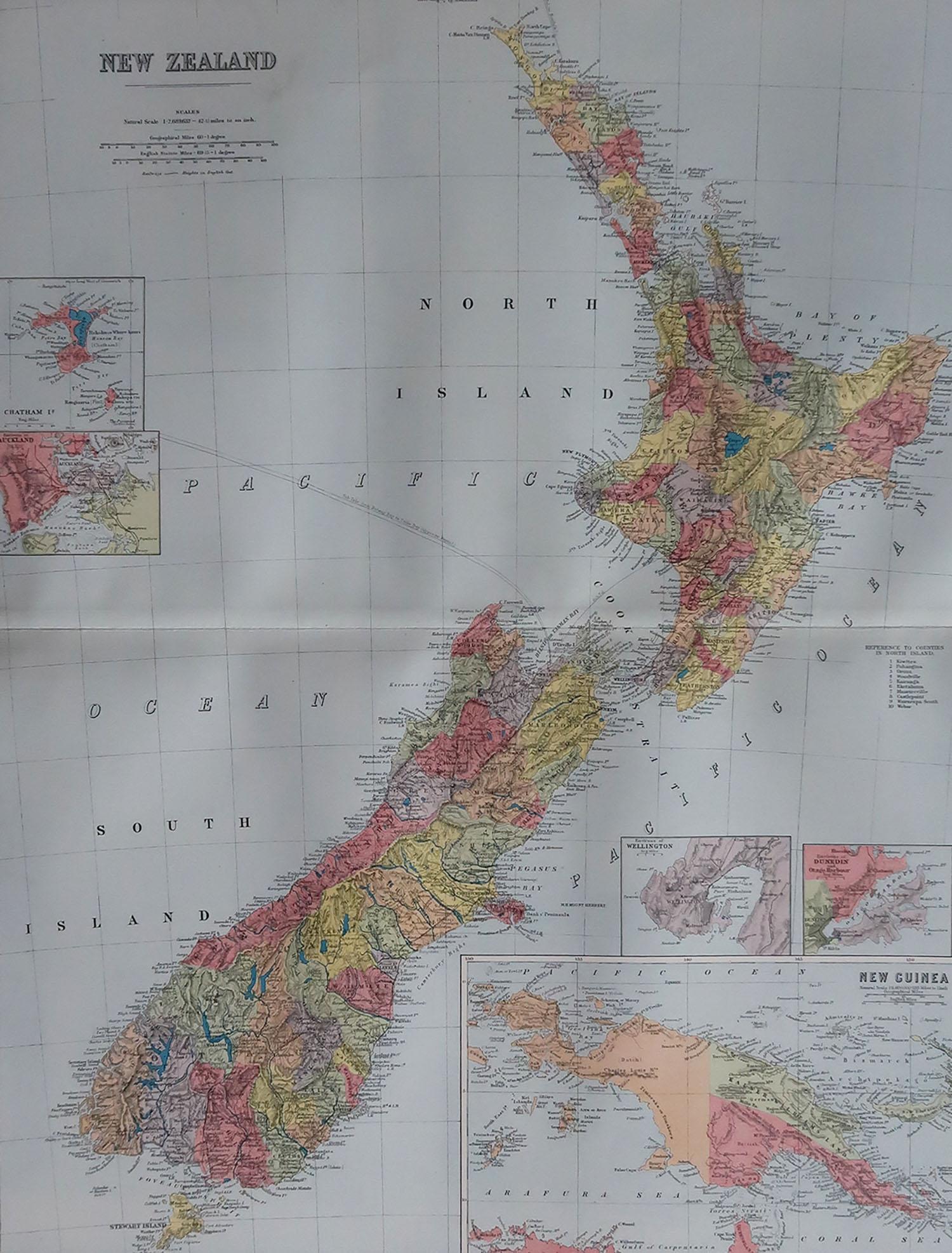 Large Original Vintage Map of New Zealand, 1903 at 1stDibs