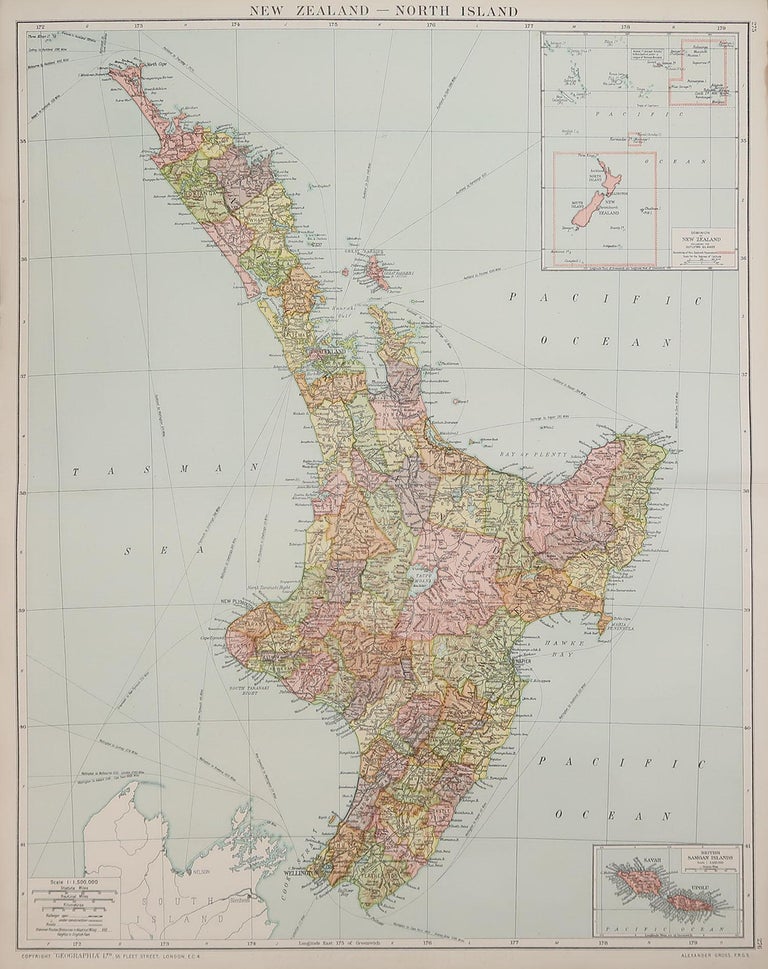 Large Original Vintage Map of New Zealand, North Island, circa 1920 at ...