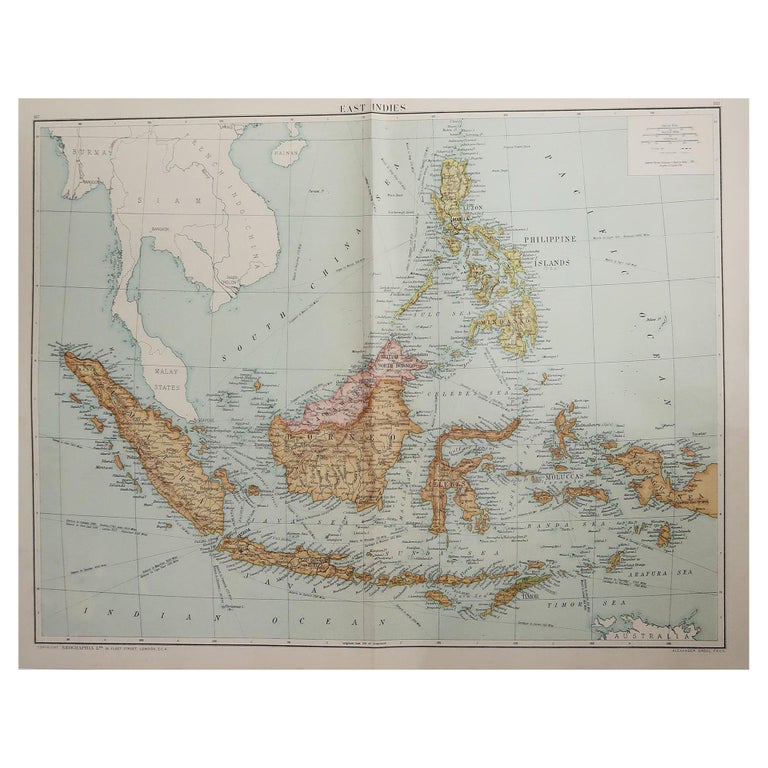 Large Original Vintage Map of South East Asia, circa 1920 For Sale at ...