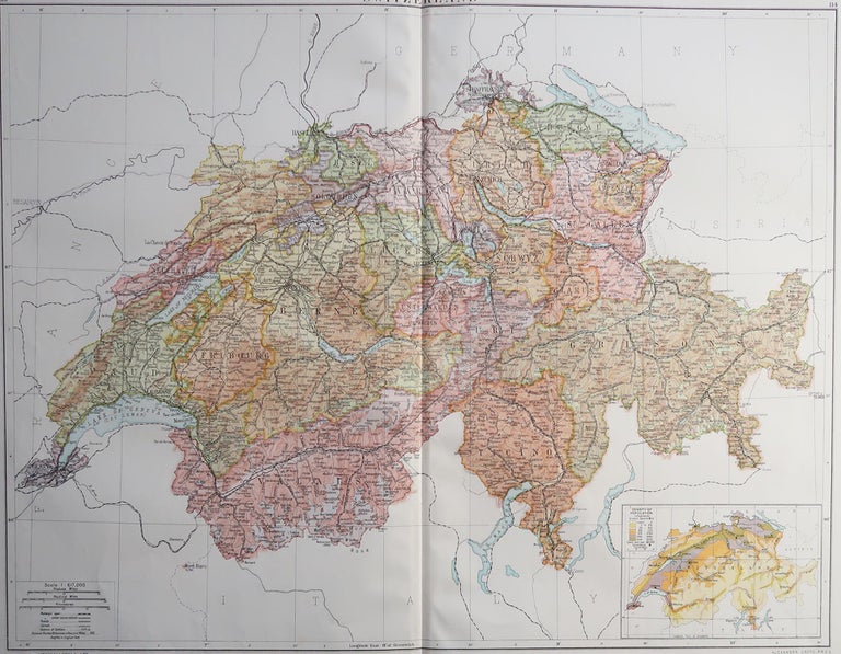 Large Original Vintage Map of Switzerland, circa 1920 For Sale at 1stDibs