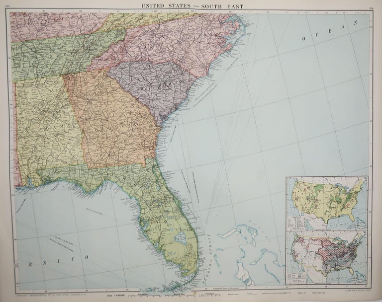 Large Original Vintage Map of the South Eastern States Inc. Florida ...