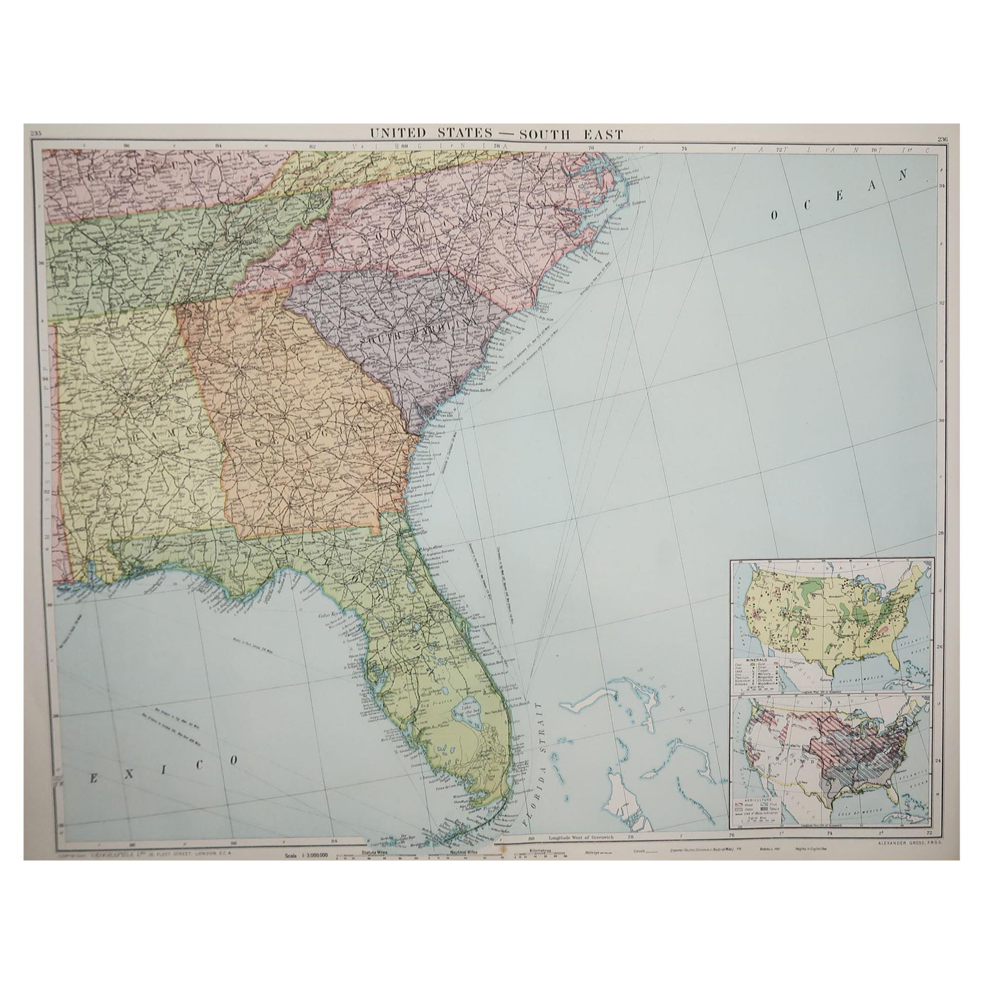 Large Original Vintage Map of the South Eastern States Inc. Florida ...