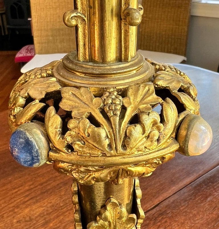 Large Ornate Pair of Gothic Revival Jeweled Bronze Lamps with Linen ...