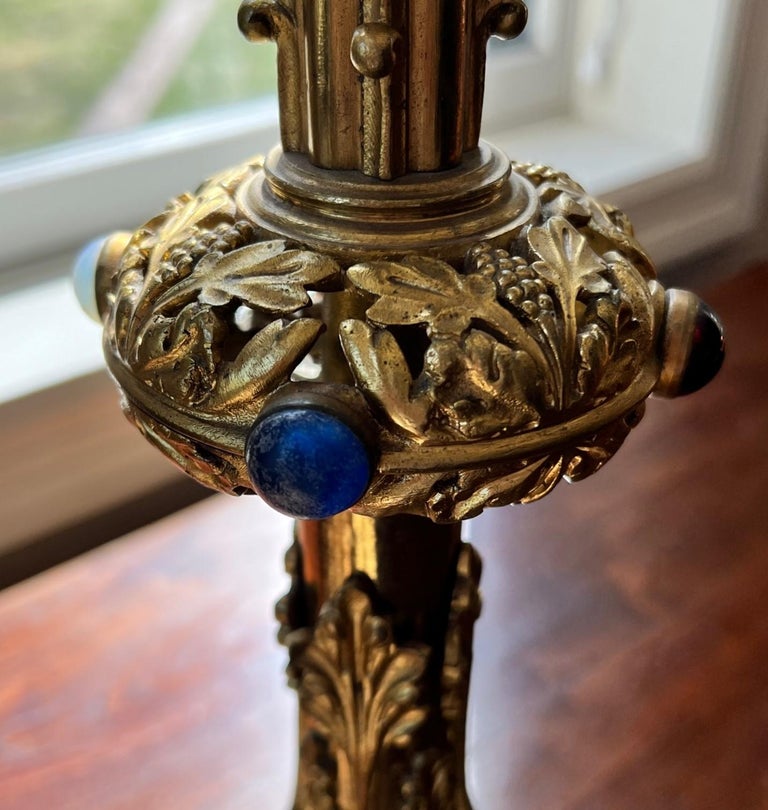 Large Ornate Pair of Gothic Revival Jeweled Bronze Lamps with Linen ...