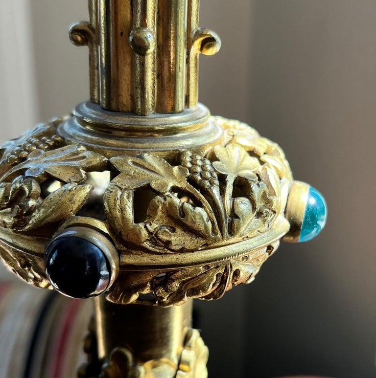 Large Ornate Pair of Gothic Revival Jeweled Bronze Lamps with Linen ...