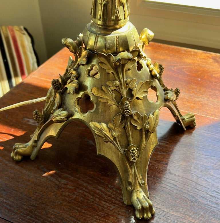 Large Ornate Pair of Gothic Revival Jeweled Bronze Lamps with Linen ...