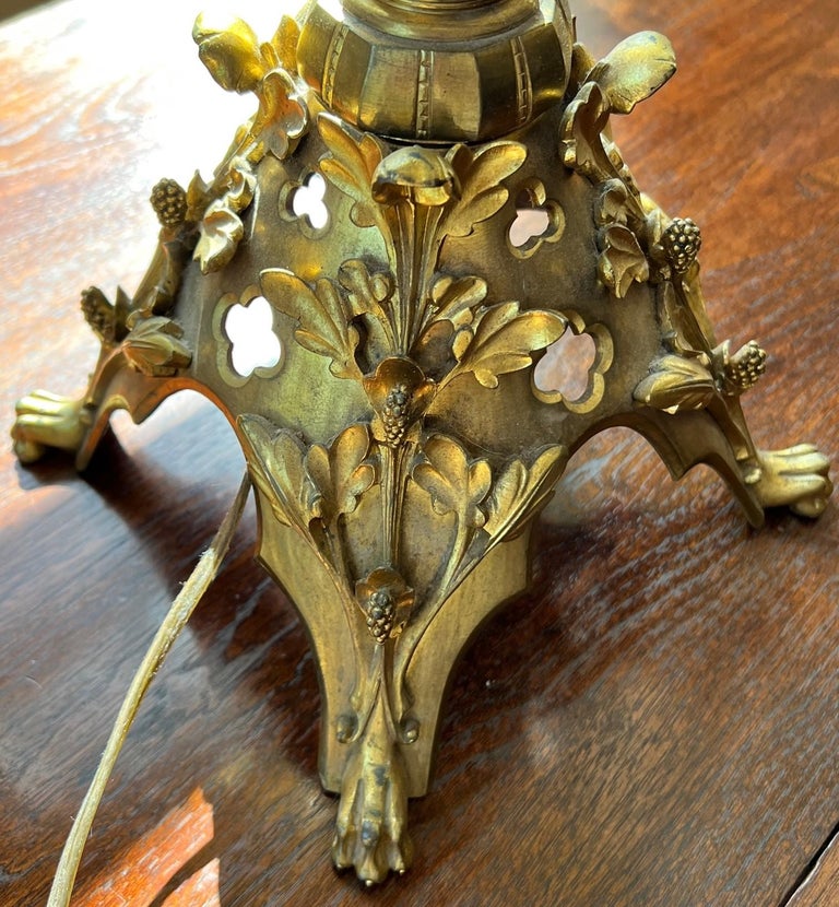 Large Ornate Pair of Gothic Revival Jeweled Bronze Lamps with Linen ...