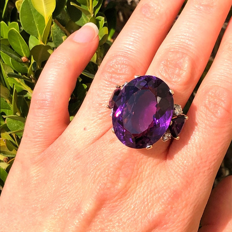 Large Oval Amethyst and Diamond Yellow Gold Ring at 1stDibs