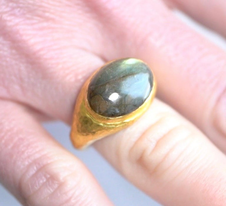 Large, Oval, Domed Labradorite Ring in 24kt Gold and Silver For Sale at ...