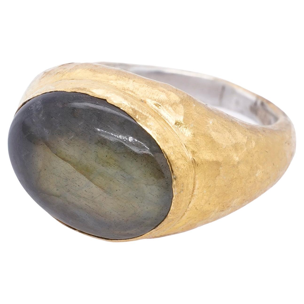 Large, Oval, Domed Labradorite Ring in 24kt Gold and Silver For Sale at ...