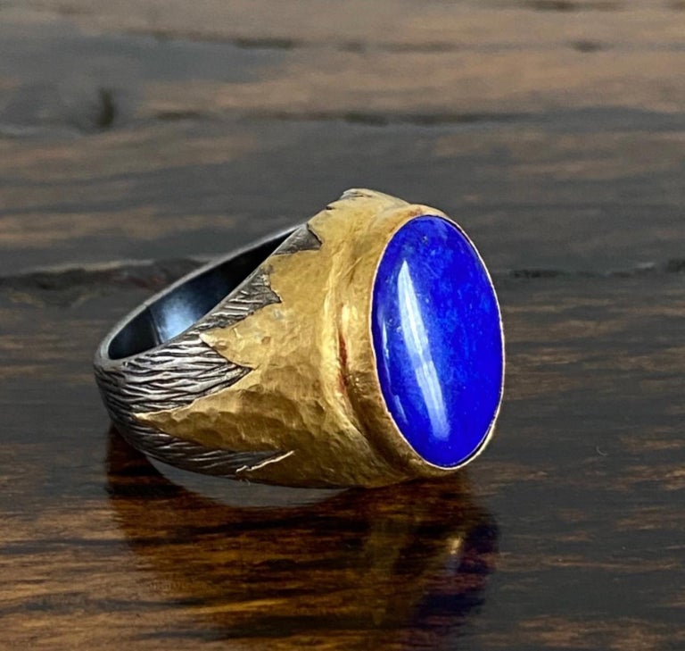 Large Oval Lapis Lazuli w/ 24K Gold and Silver Textured Cocktail Ring ...