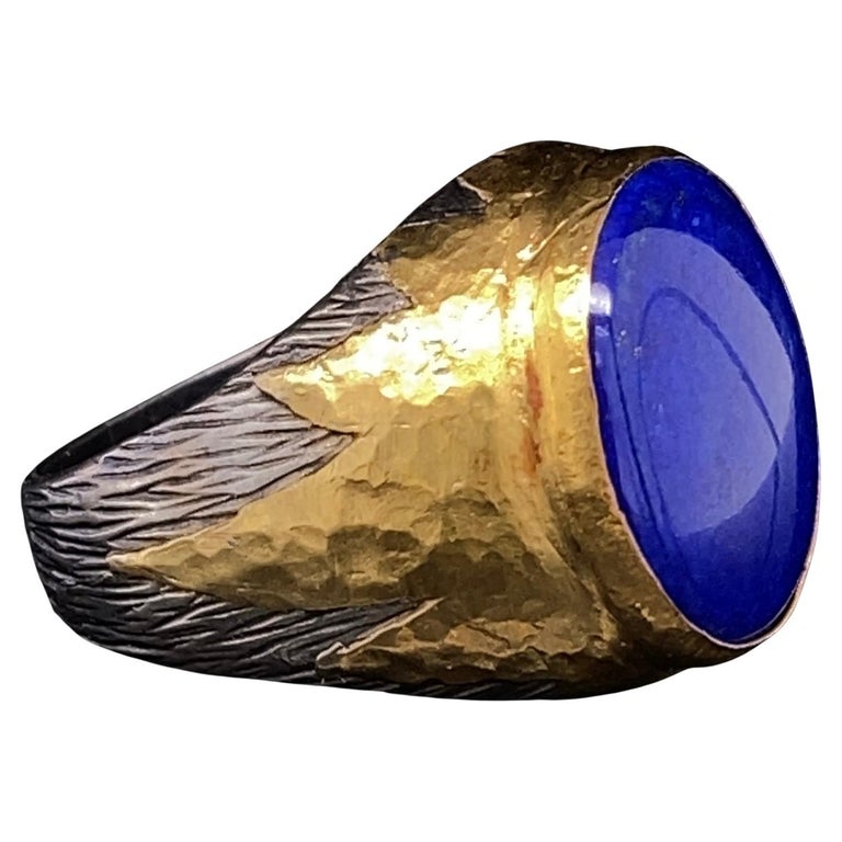 Large Oval Lapis Lazuli w/ 24K Gold and Silver Textured Cocktail Ring ...