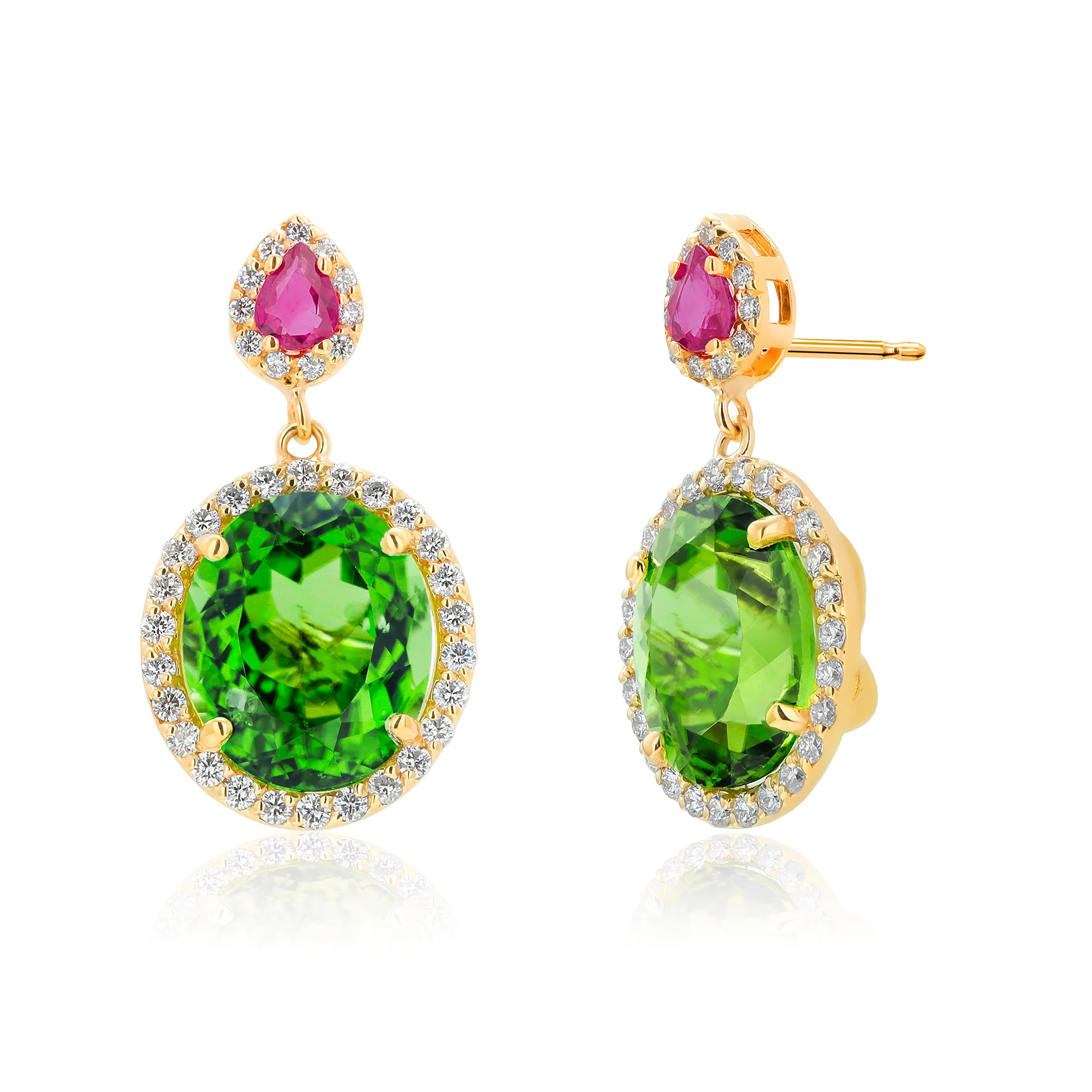 Large Oval Shaped Peridots Diamonds and Rubies Halo Style Drop Earrings ...