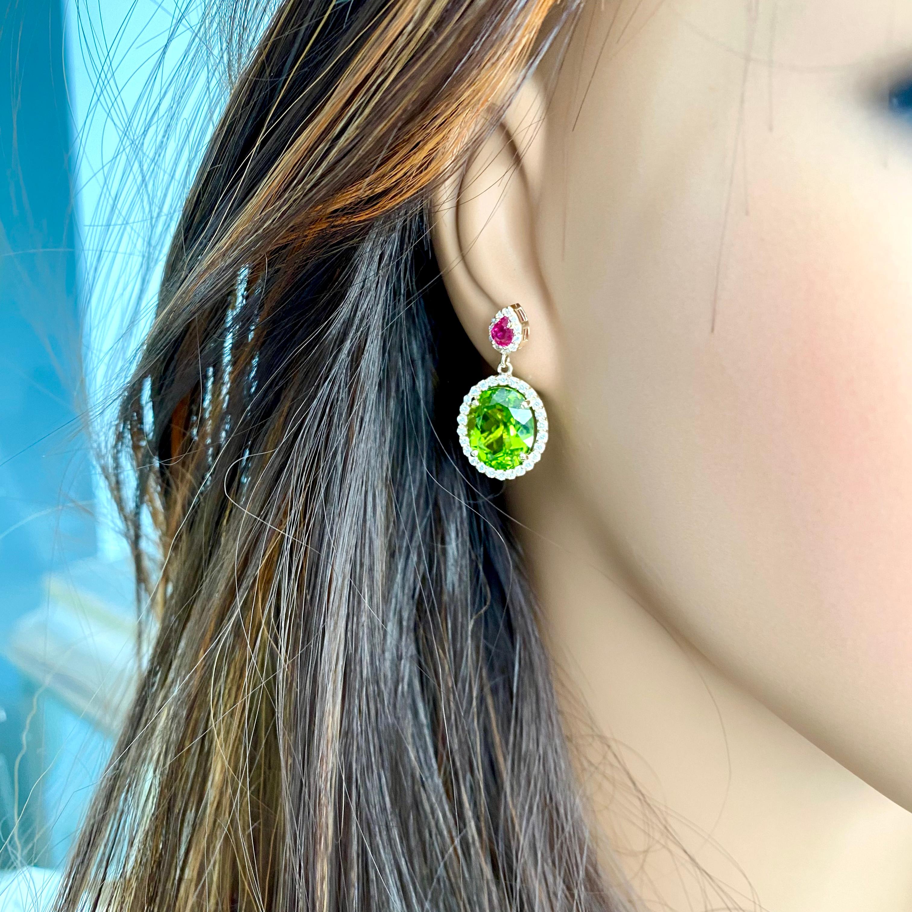 Large Oval Shaped Peridots Diamonds and Rubies Halo Style Drop Earrings ...