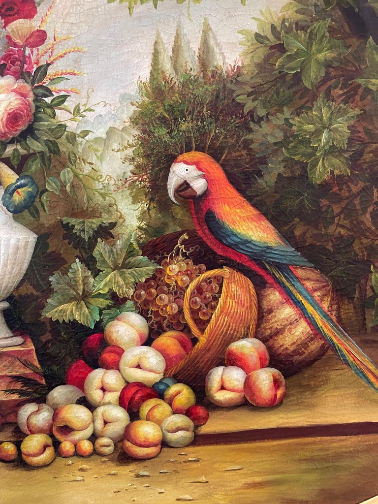 Large Oval Still Life Landscape, Fruits, Flowers and Parrot For Sale at ...