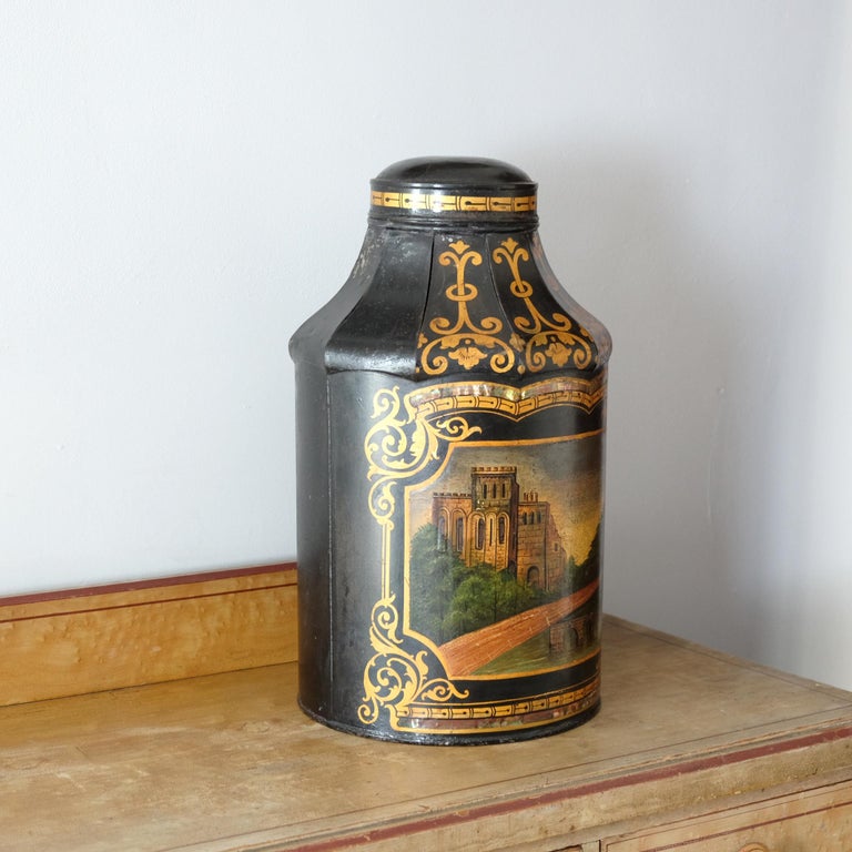 Large Pagoda Style Toleware Tea Canister Black Hand Painted 19th ...