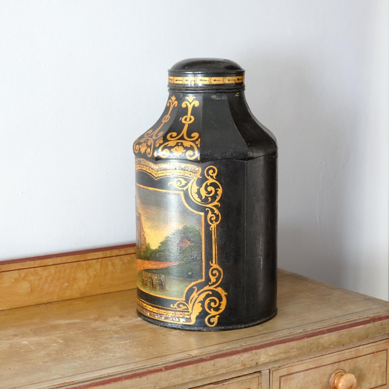 Large Pagoda Style Toleware Tea Canister Black Hand Painted 19th ...