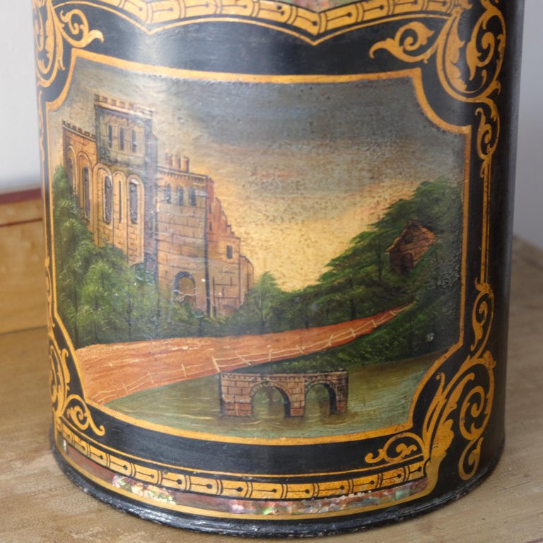 Large Pagoda Style Toleware Tea Canister Black Hand Painted 19th ...