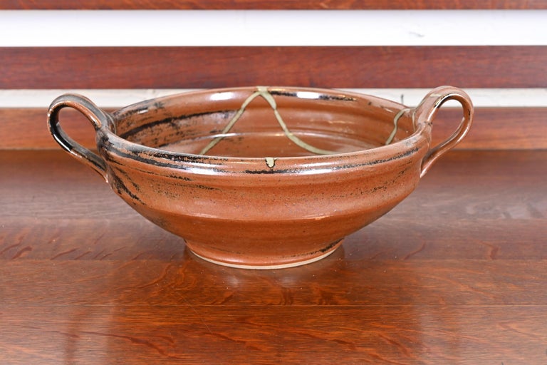 Large Painted Glazed Ceramic Studio Pottery Bowl with Handles For Sale ...