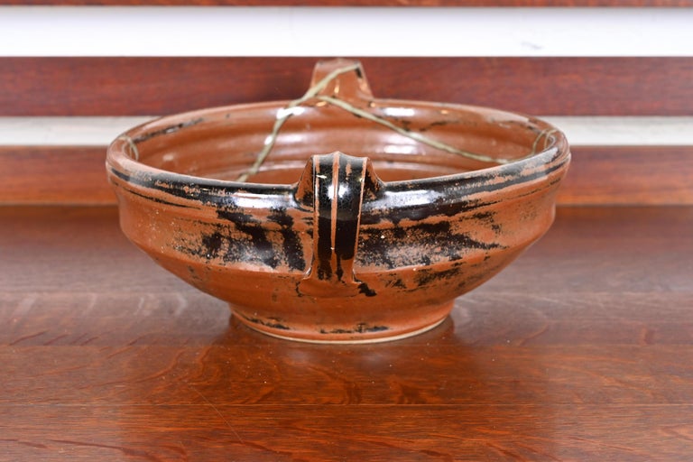Large Painted Glazed Ceramic Studio Pottery Bowl with Handles For Sale ...