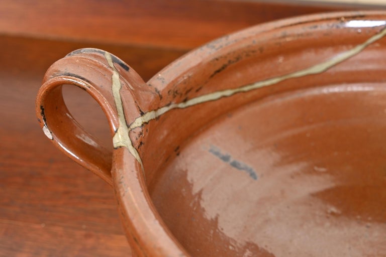 Large Painted Glazed Ceramic Studio Pottery Bowl with Handles For Sale ...