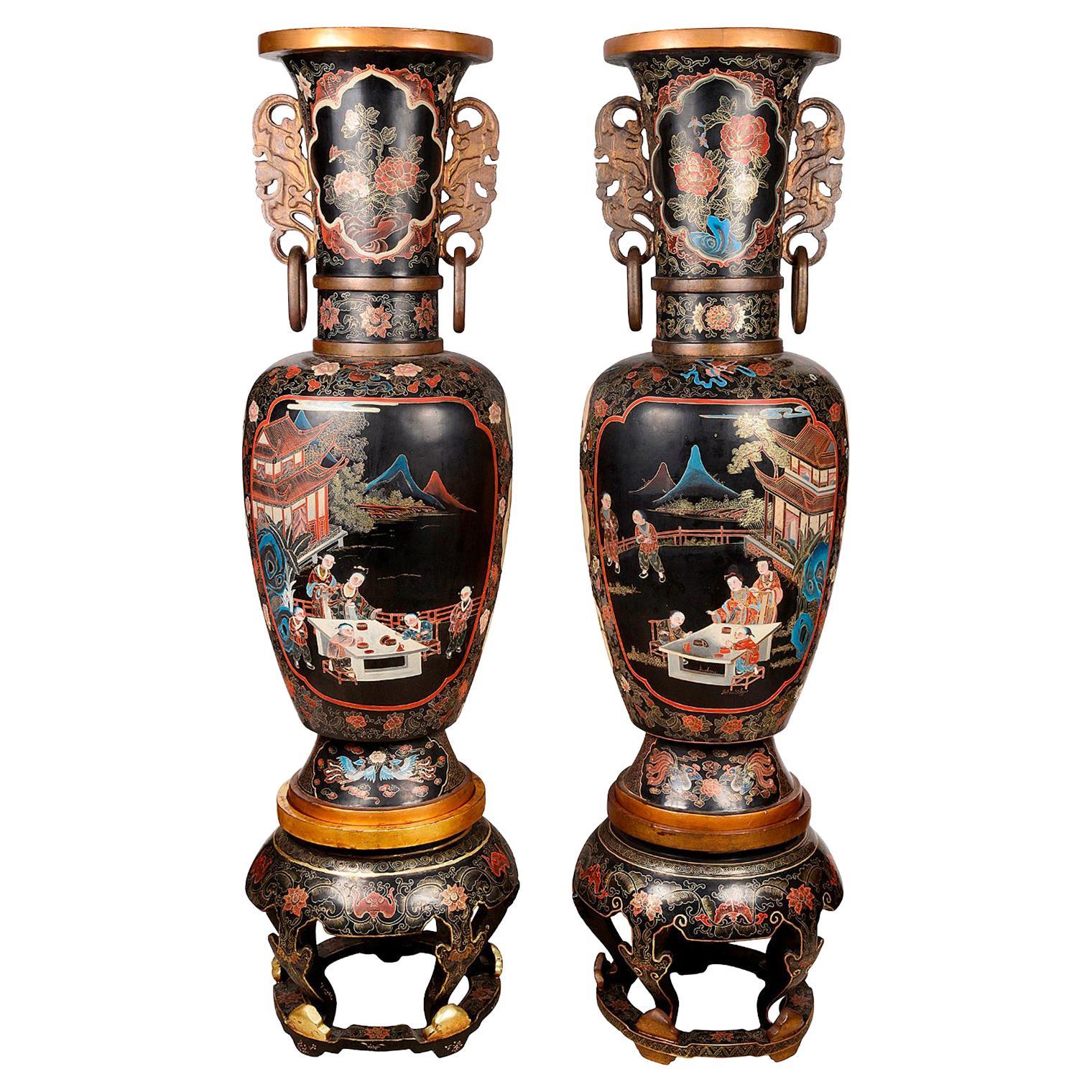 Pair of English Regency Style Lacquered Chinoiserie Floor Vases For ...