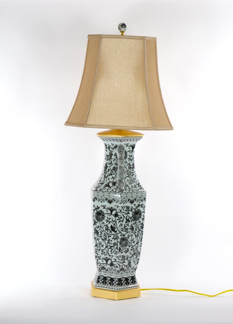 Large Pair Glazed Tapestry Porcelain / Gilt Base Table Lamps For Sale ...