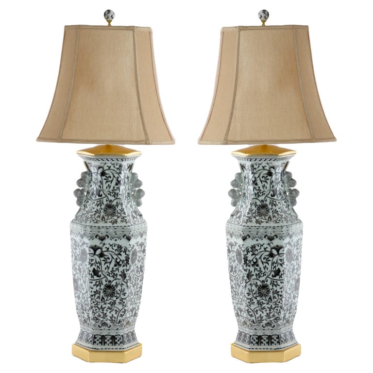 Large Pair Glazed Tapestry Porcelain / Gilt Base Table Lamps For Sale ...