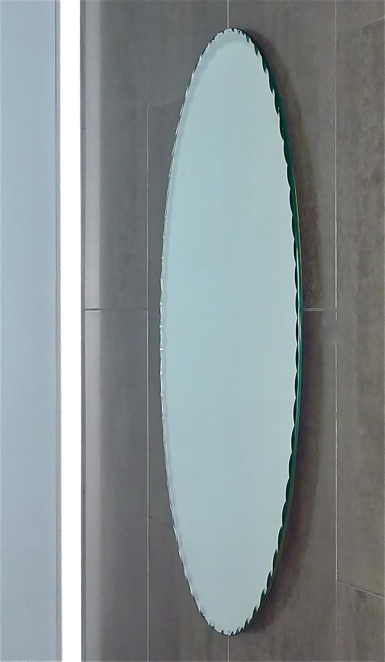 Large Pair Italian Midcentury Oval Mirrors Faceted Crystal Glass
