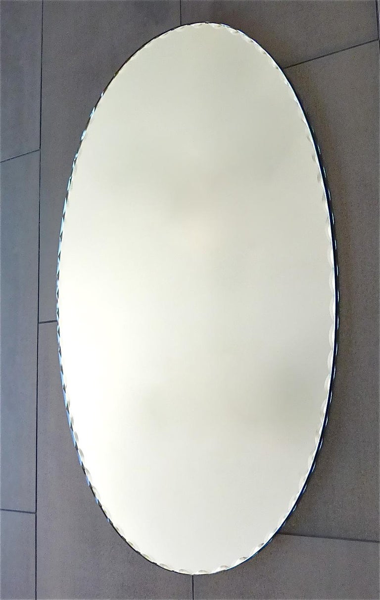 Large Pair Italian Midcentury Oval Mirrors Faceted Crystal Glass