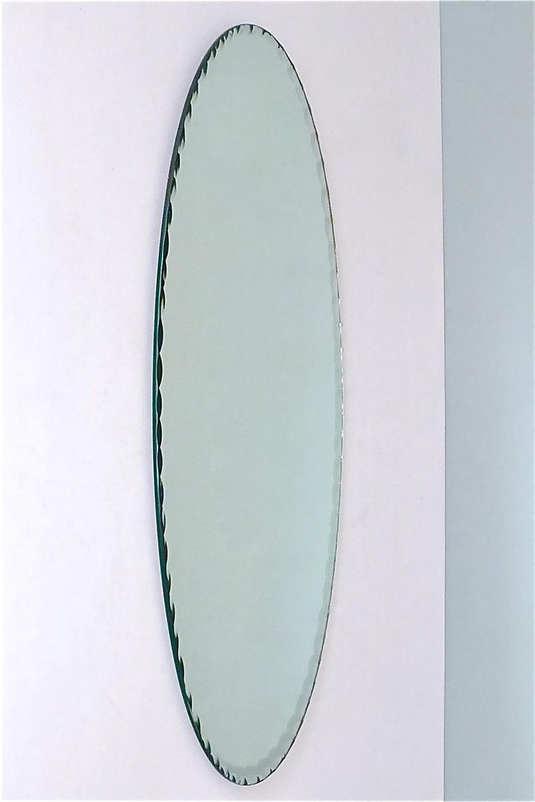 Large Pair Italian Midcentury Oval Mirrors Faceted Crystal Glass