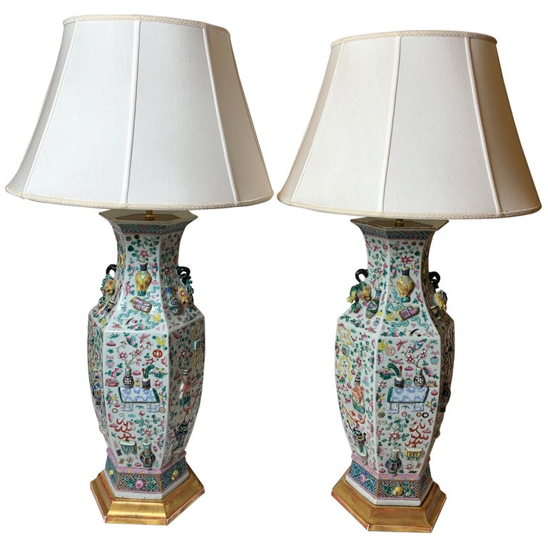 Large Pair of 1820s Chinese Export Porcelain Lamps For Sale at 1stDibs