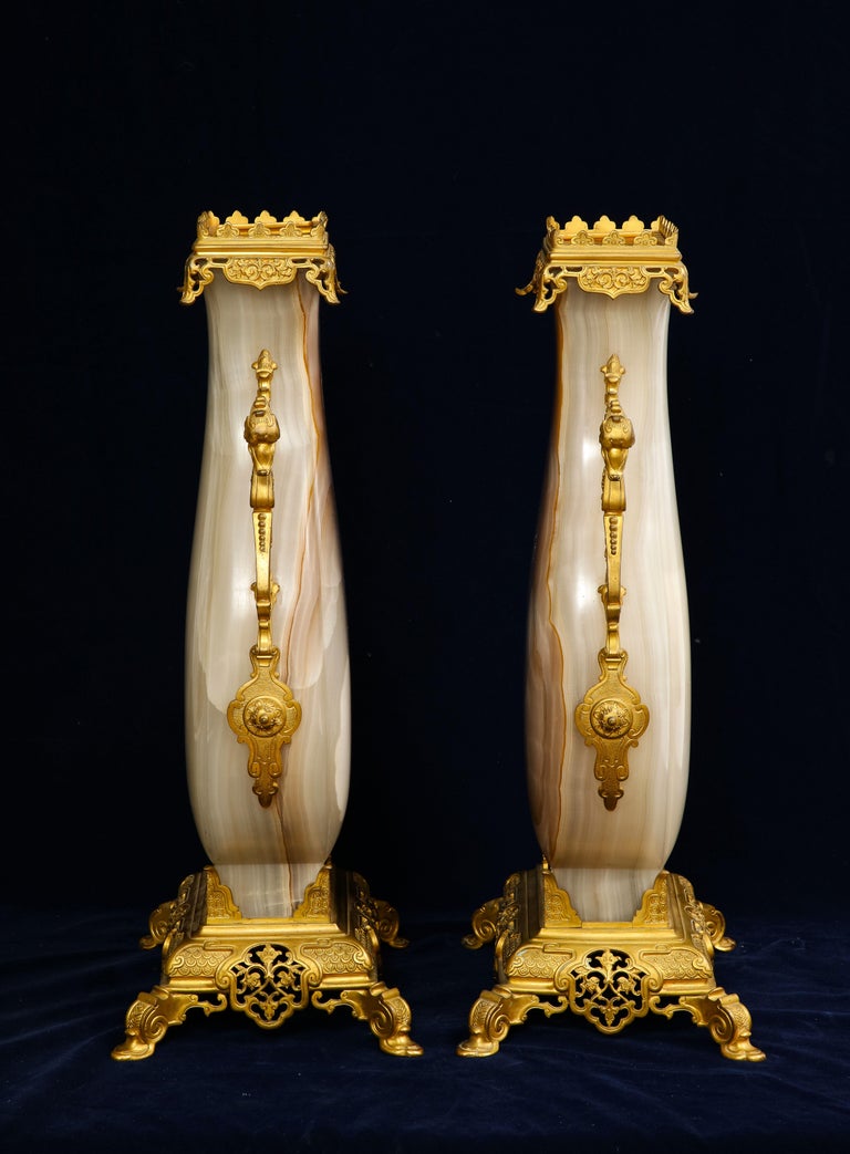 Large Pair of 19 C. French Ormolu Mounted Carved Agate Vases, Att. to E ...
