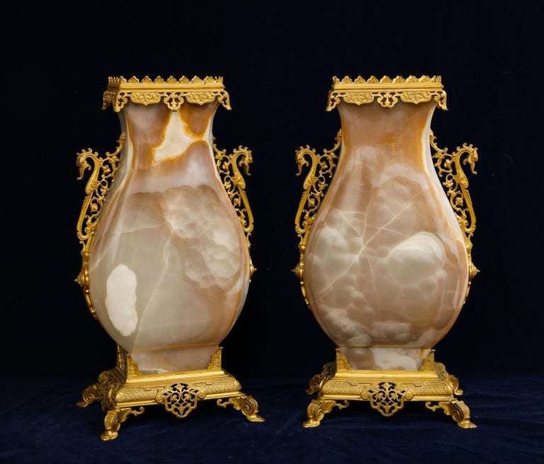 Large Pair of 19 C. French Ormolu Mounted Carved Agate Vases, Att. to E ...
