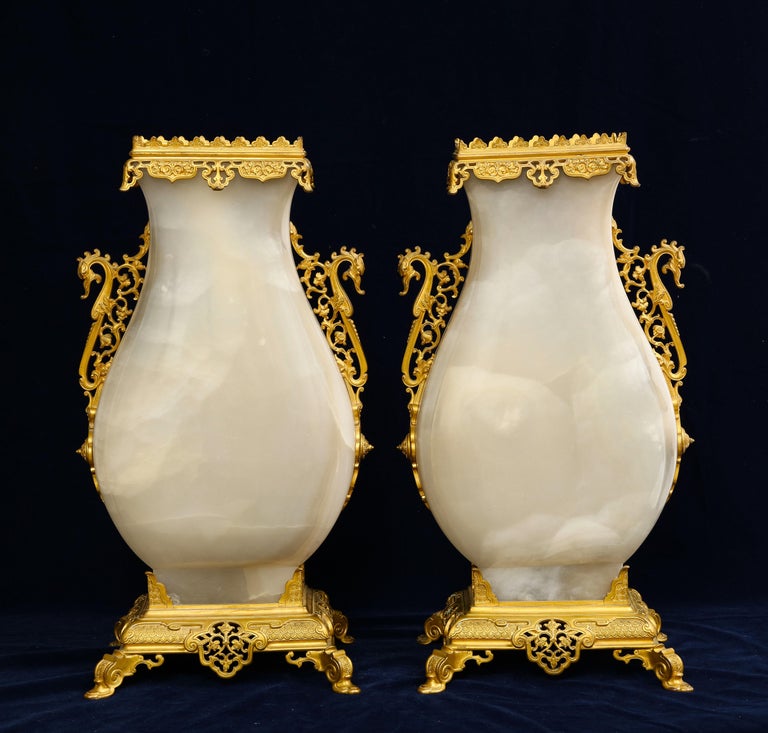 Large Pair of 19 C. French Ormolu Mounted Carved Agate Vases, Att. to E ...
